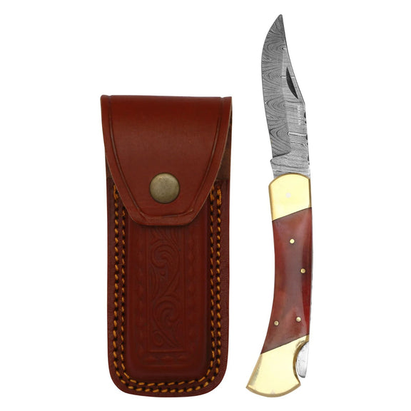 Vintage Valor - Red Classic Lockback Damascus Blade Folding Knife Bone ...